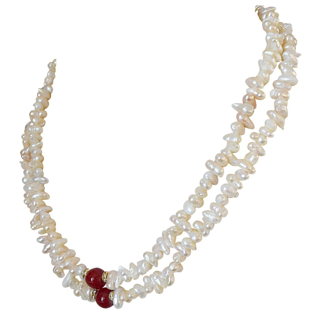 2 Line Real Freshwater Pearl and Red Stone Necklace for Women (SN888)