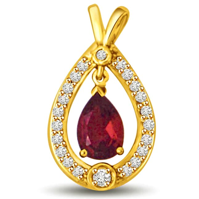 Hanging Ruby Surrounded By Diamond Gold Pendants| Surat Diamond Jewelry